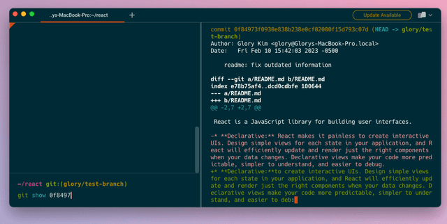 Warp: View Commit History - git log, git reflog, and git show